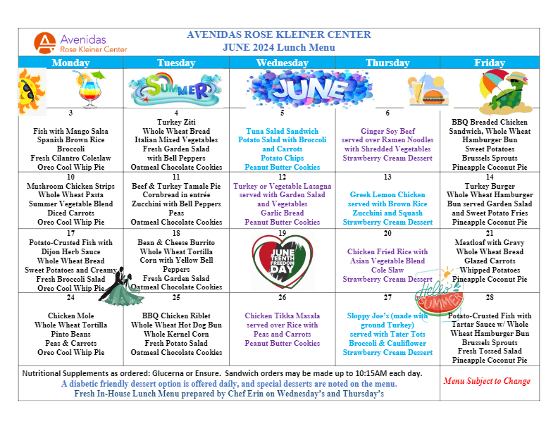 June 2024 Avenidas Rose Kleiner Center Menu - Avenidas
