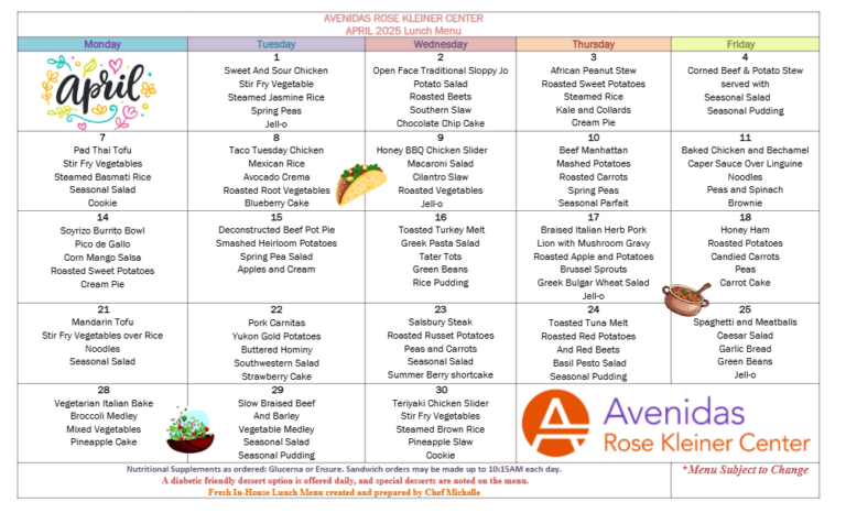 April 2025 Avenidas Rose Kleiner Center Menu - Avenidas